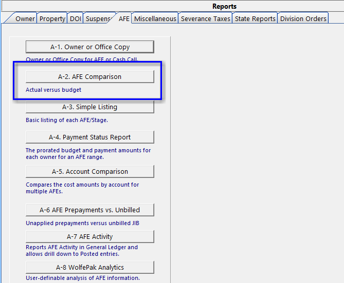 AFE and AFE Reporting Set-up | WolfePak Software User Tips